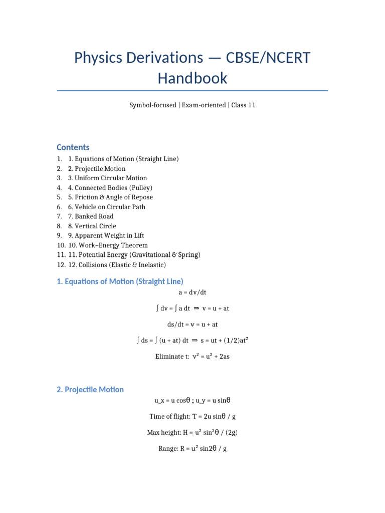 Class 11 Physics Derivations Guide | PDF | Physical Quantities ...