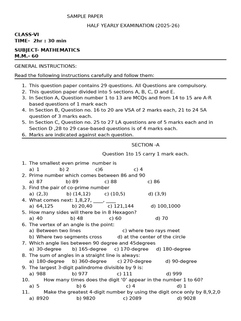 Class 6th Half Yearly Maths 1 | PDF | Mango | Angle