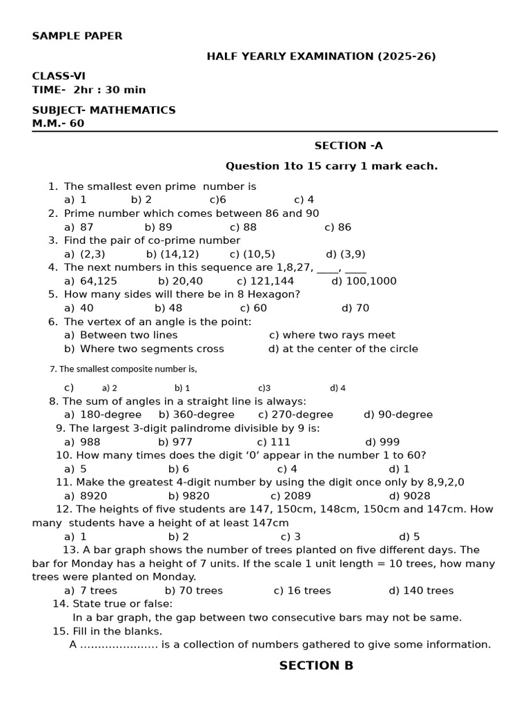 Class 6th Half Yearly Maths 2025-26 | PDF | Angle | Discrete Mathematics