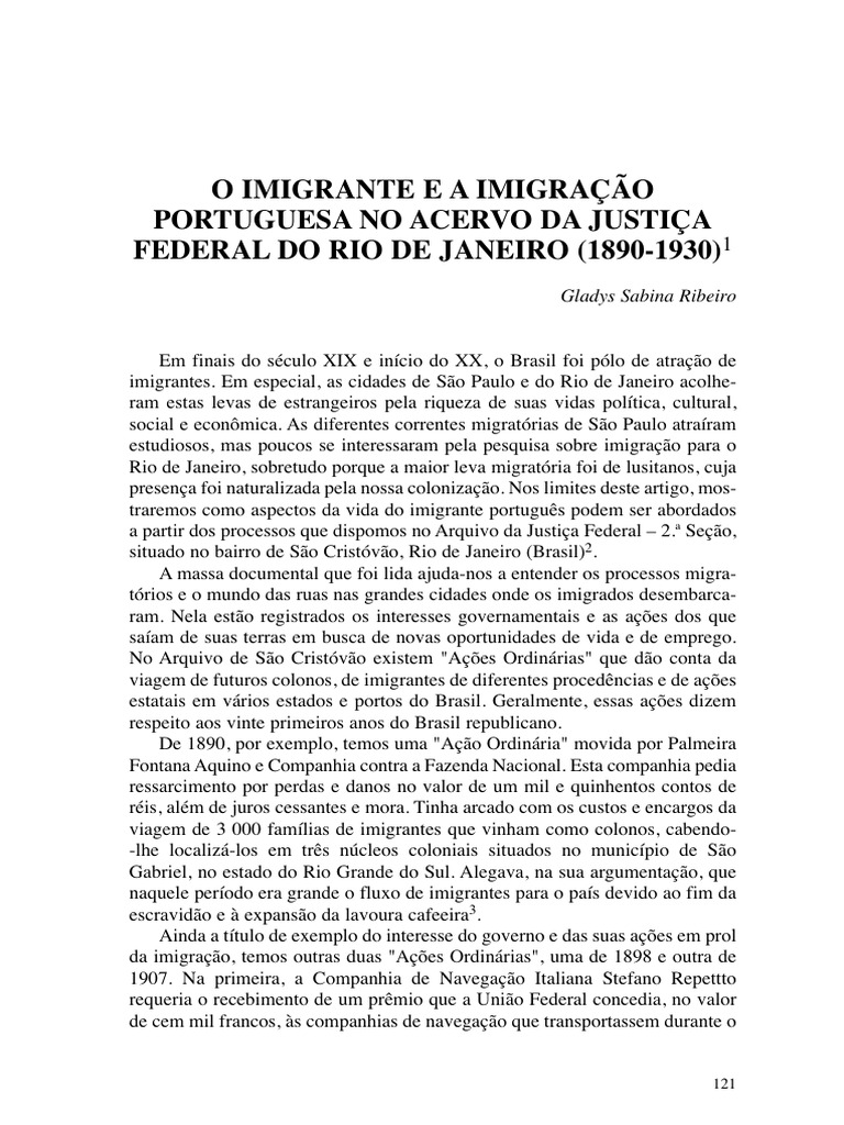 Imigração Portuguesa no Rio (1890-1930) | PDF | Brasil | Portugal