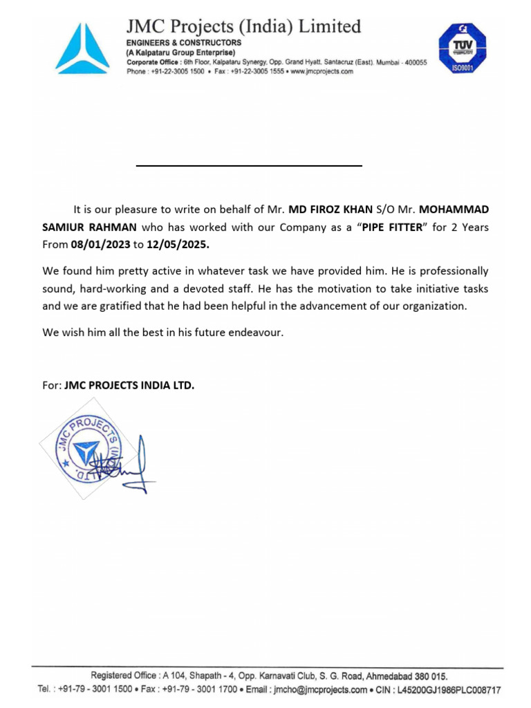 Pipe Fitter Experience Certificate | PDF
