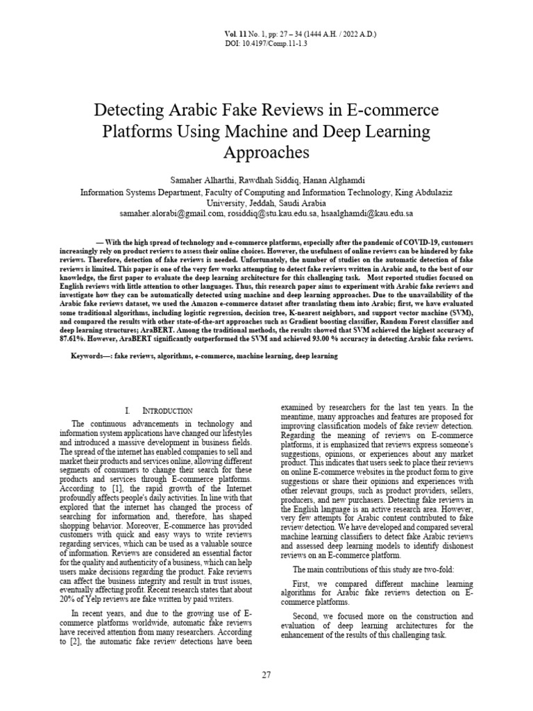 Detecting Arabic Fake Reviews in E-Commerce | PDF | Machine Learning | Statistical Classification