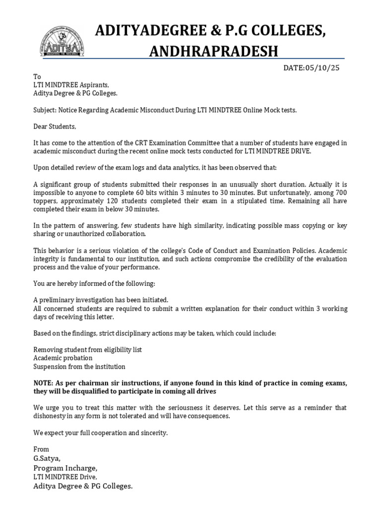 Academic Misconduct Notice for LTI Mock Tests | PDF