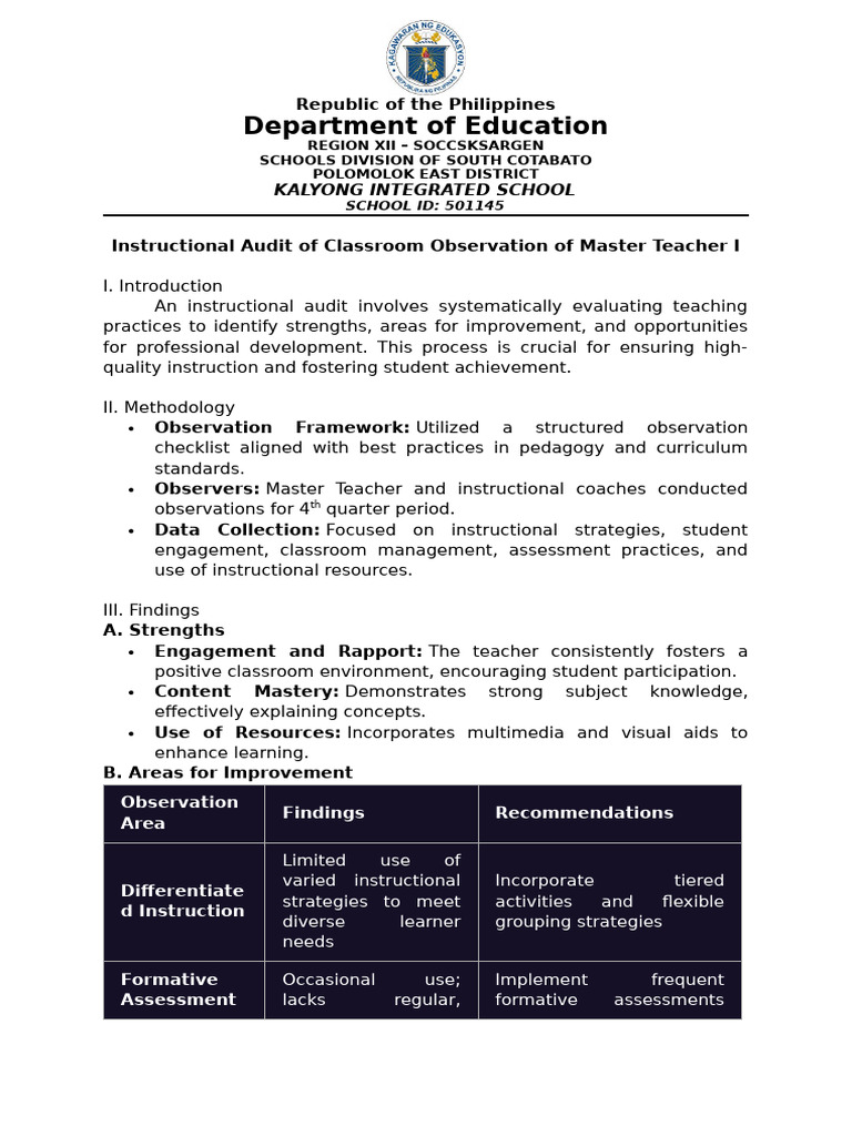 Instructional Audit Report for Kalyong School | PDF | Differentiated ...