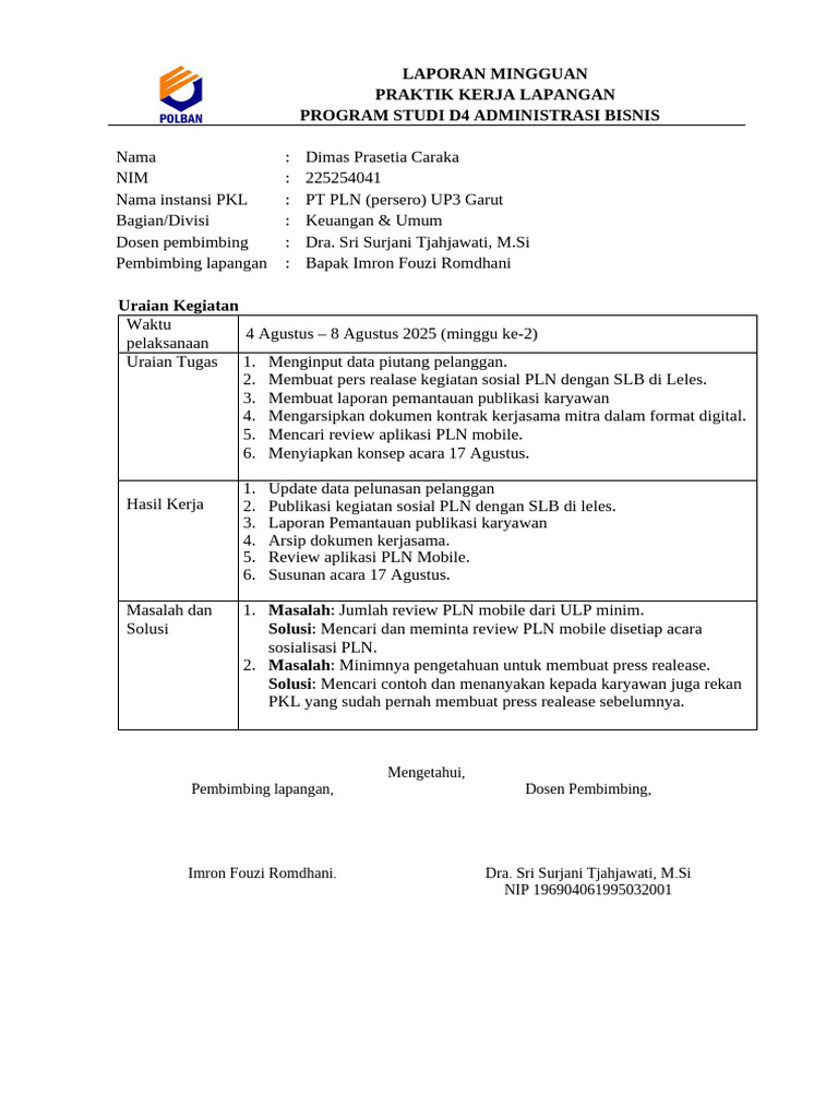 Logbook Minggu 2 PKL (PLN) Dimas 2025 | PDF