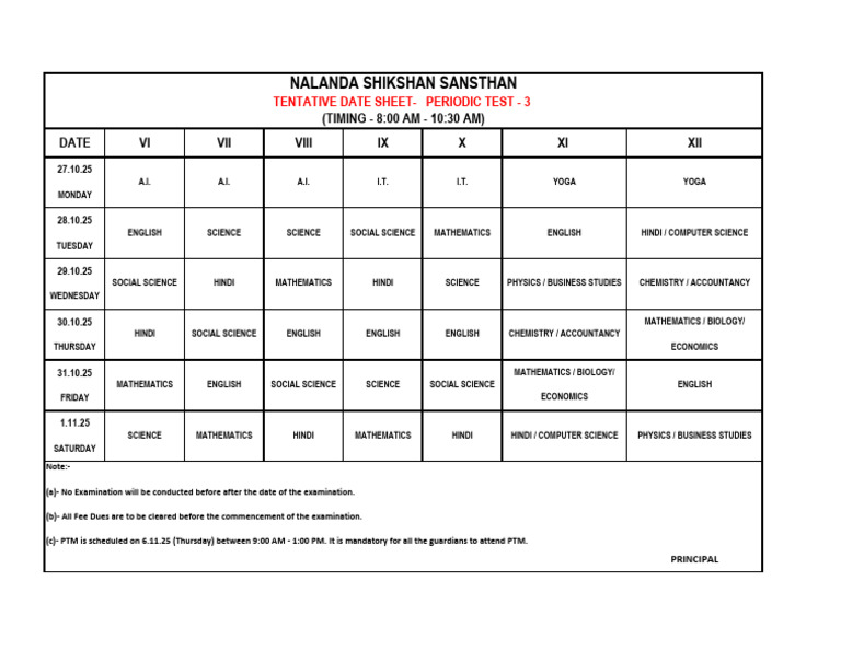Tentative Date Sheet - Periodic Test - 3 | PDF | Science