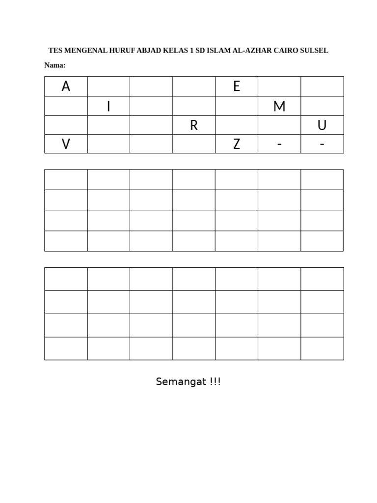 Tes Huruf Abjad Kelas 1 SD Al-Azhar | PDF