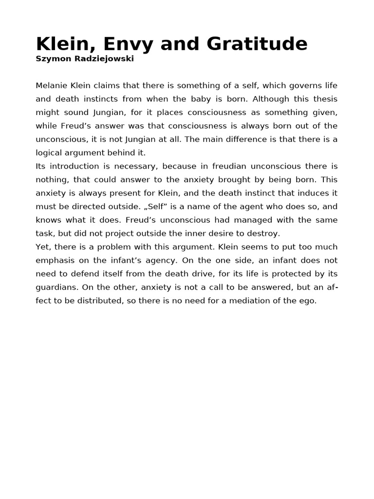 Reading Response, Klein, Envy and Gratitude, Szymon Radziejowski | PDF