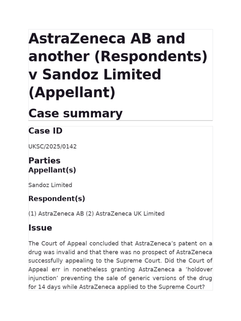 AstraZeneca AB and Another (Respondents) V Sandoz Limited (Appellant) | PDF