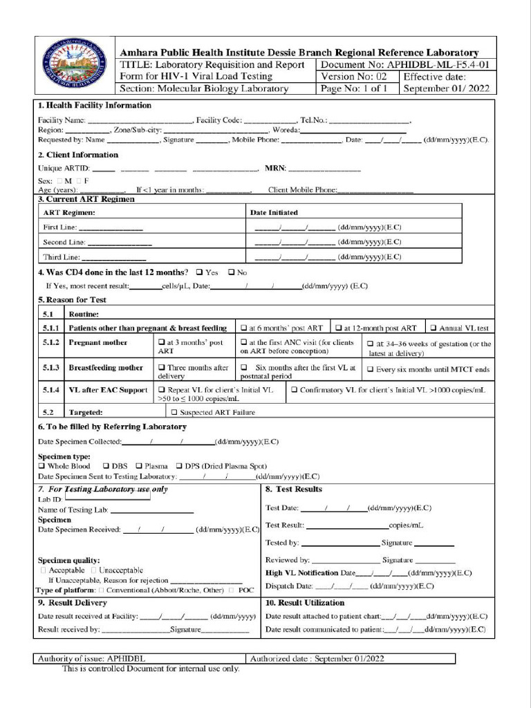 APHI Dessie Branch, Revised Viral Load Sample Request Format | PDF
