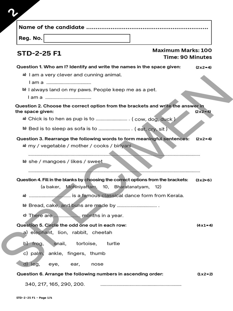 Specimen Question Paper Class 2 2025 - 26 | PDF