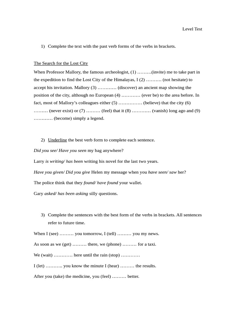 English Level Test: Verb Forms Practice | PDF | Cats
