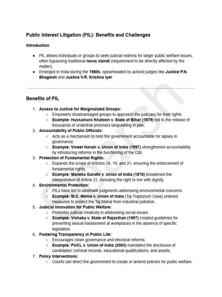 Public Interest Litigation (PIL) - Benefits and Challenges | PDF | Justice | Crime & Violence