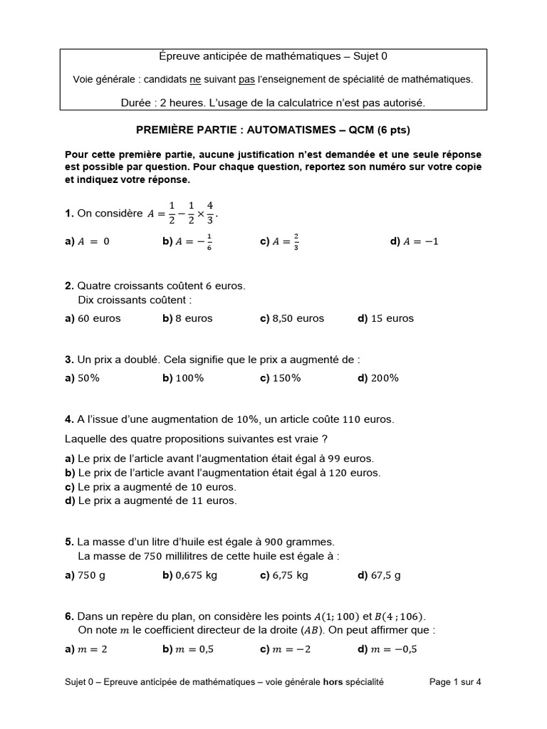 Sujet 0 Bac Maths 2026 - Épreuve Anticipée | PDF | Mathématiques