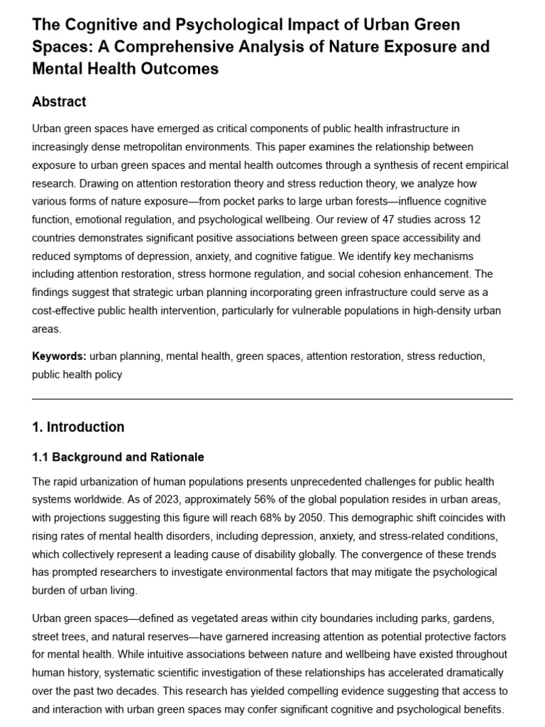 Urban Green Spaces and Mental Health Benefits | PDF | Mental Health ...