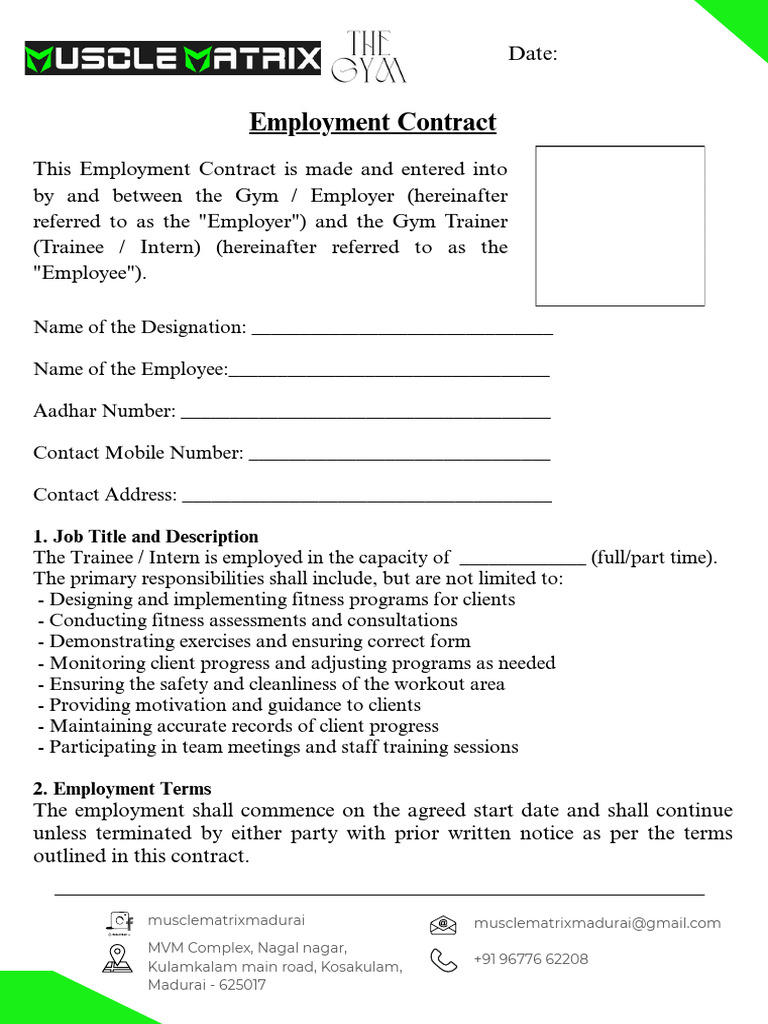 Gym Trainee Employment Contract Template | PDF | Employment | Internship
