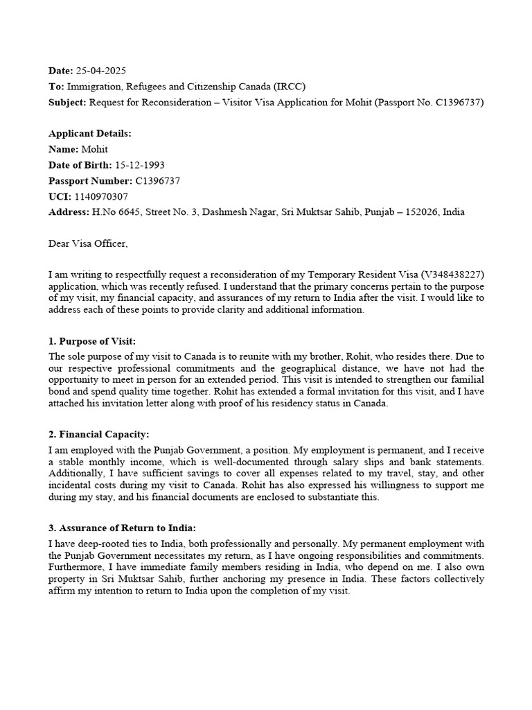 Visa Reconsideration Request for Mohit | PDF | Travel Visa ...