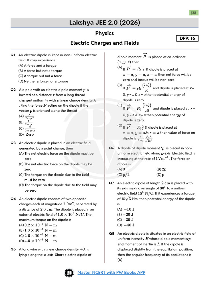 Electric Charge and Field - DPP 16 (Of Lec 23) | PDF | Dipole | Force
