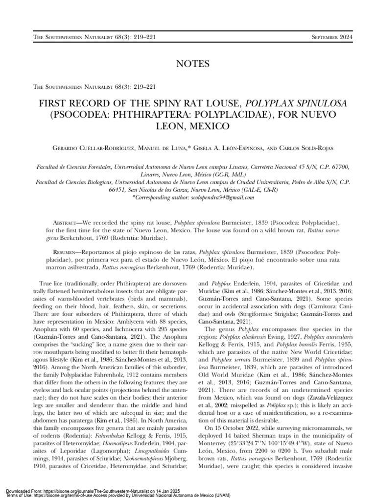 First Record of The Spiny Rat Louse, Polyplax Spinulosa (Psocodea ...