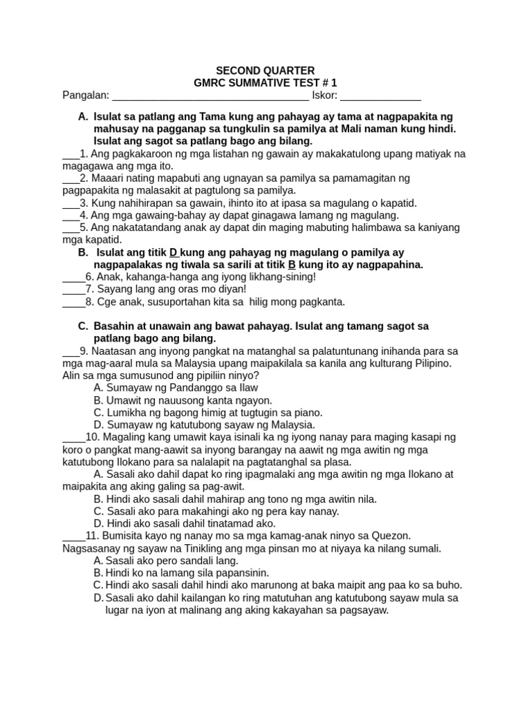 Q2 Gmrc Matatag Summative Test 1 Pdf