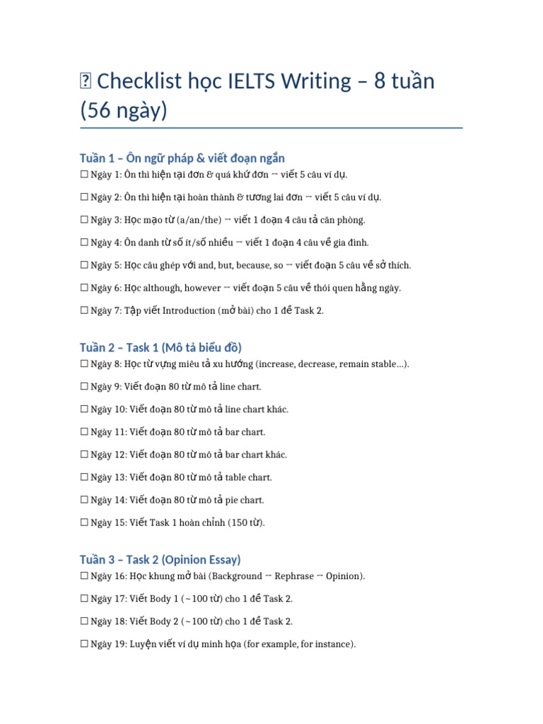 Checklist IELTS Writing 8weeks | PDF