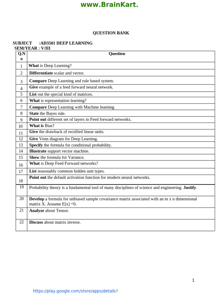 Deep Learning - AD3501 - Important Questions | PDF | Applied ...