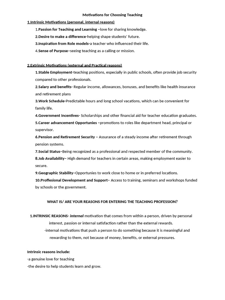 Reasons for Choosing Teaching Careers | PDF | Motivation | Motivational