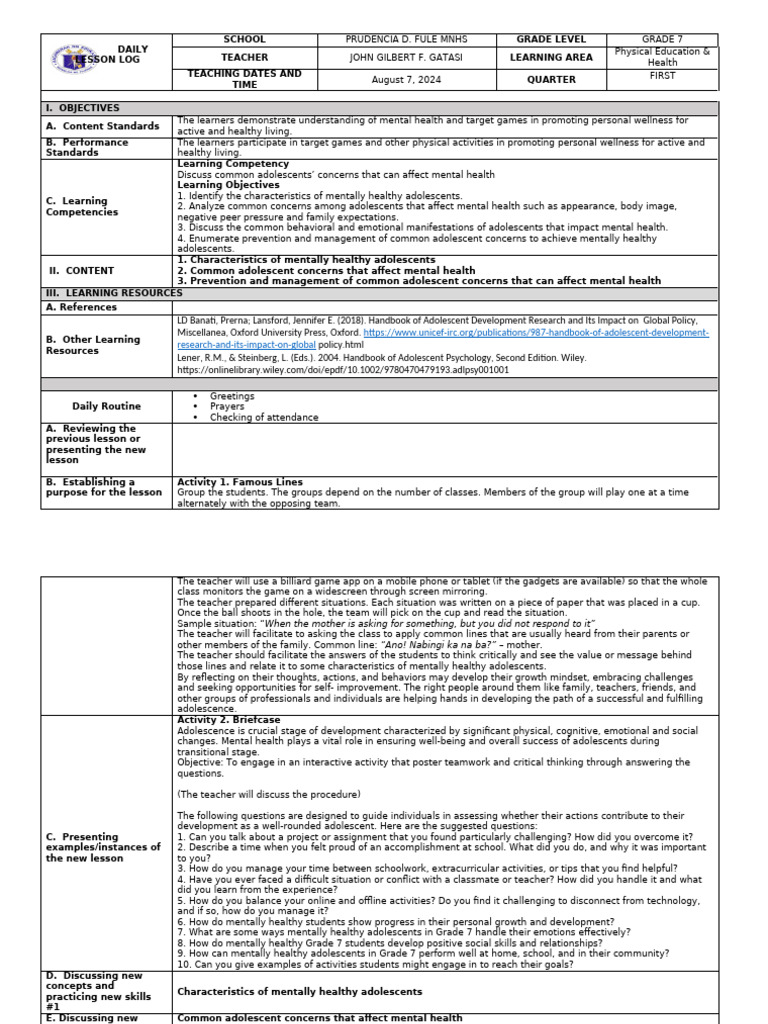 Physical Education and Health 7 Week 1 DLL | PDF | Adolescence | Learning