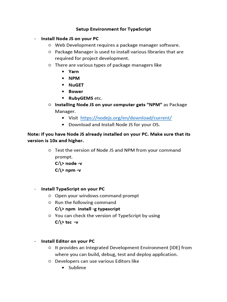 TypeScript Environment Setup Guide | PDF | Data Type | Object Oriented ...