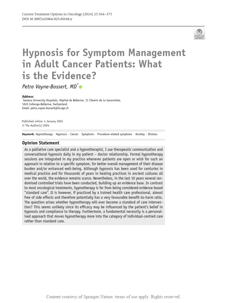Hypnosis for Cancer Symptom Relief | PDF | Hypnotherapy | Hypnosis