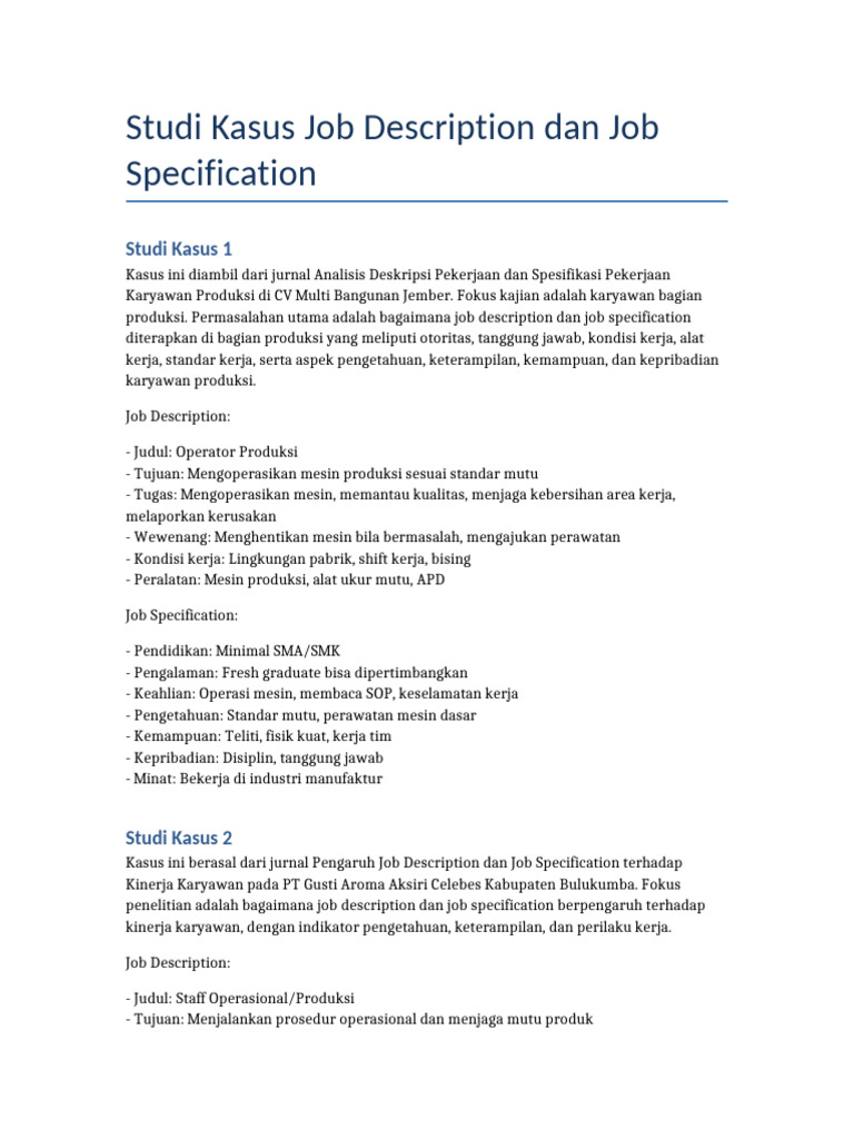 Contoh Job Description dan Spesifikasi | PDF