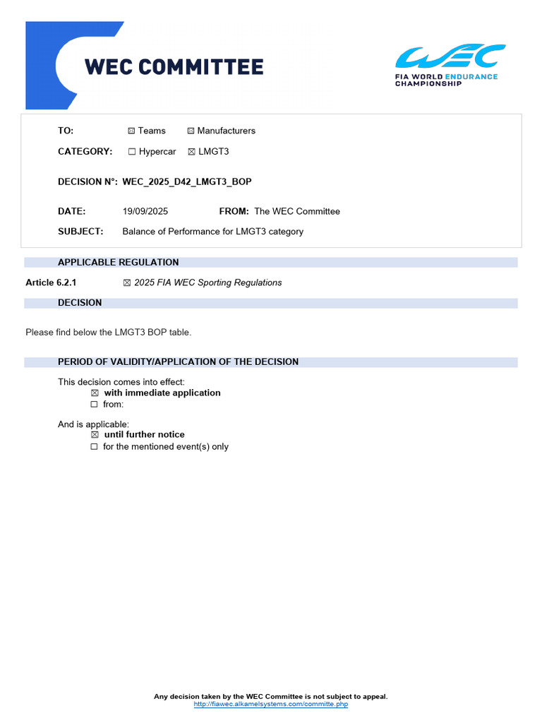 Wec 2025 D42 LMGT3 Bop 19092025 | PDF | Car | Auto Racing Organizations