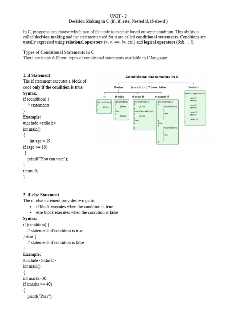 Decision Making in C (if , if..else, Nested if, if-else-if ) | PDF ...