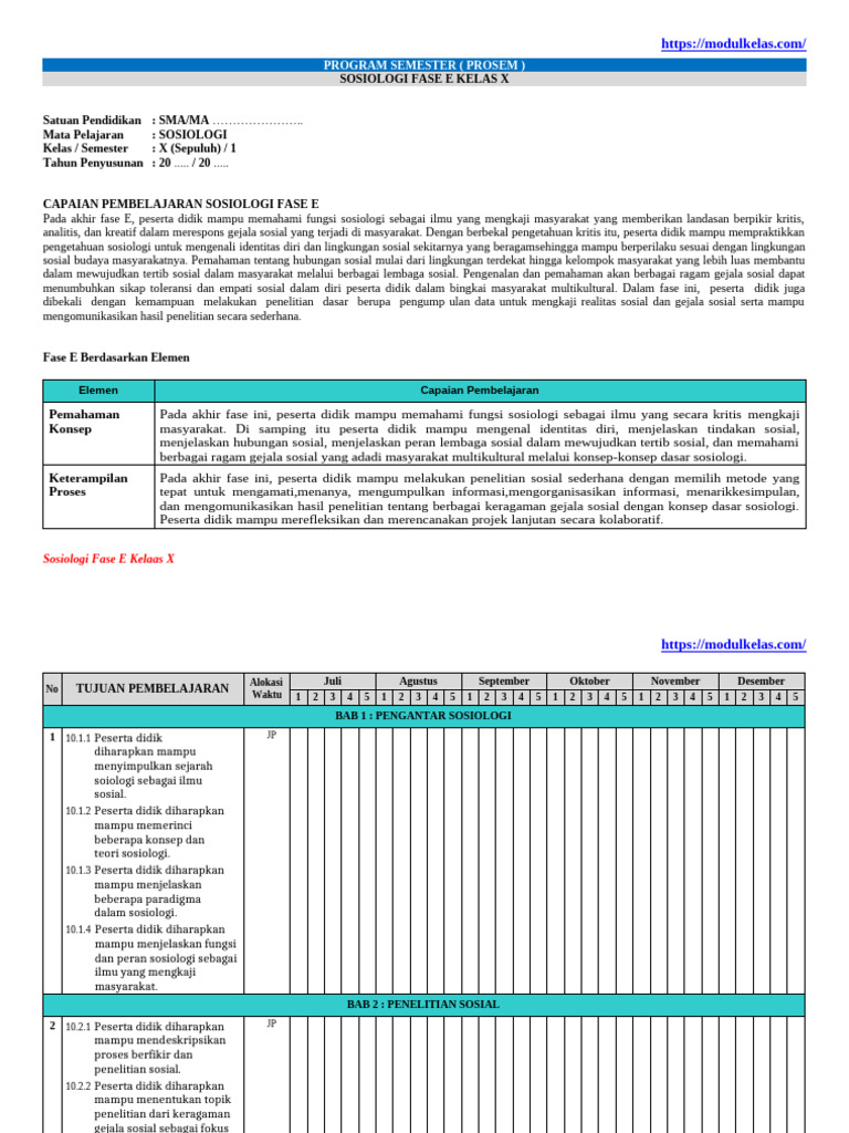 Prosem Sosiologi Kelas X Kurikulum Merdeka | PDF