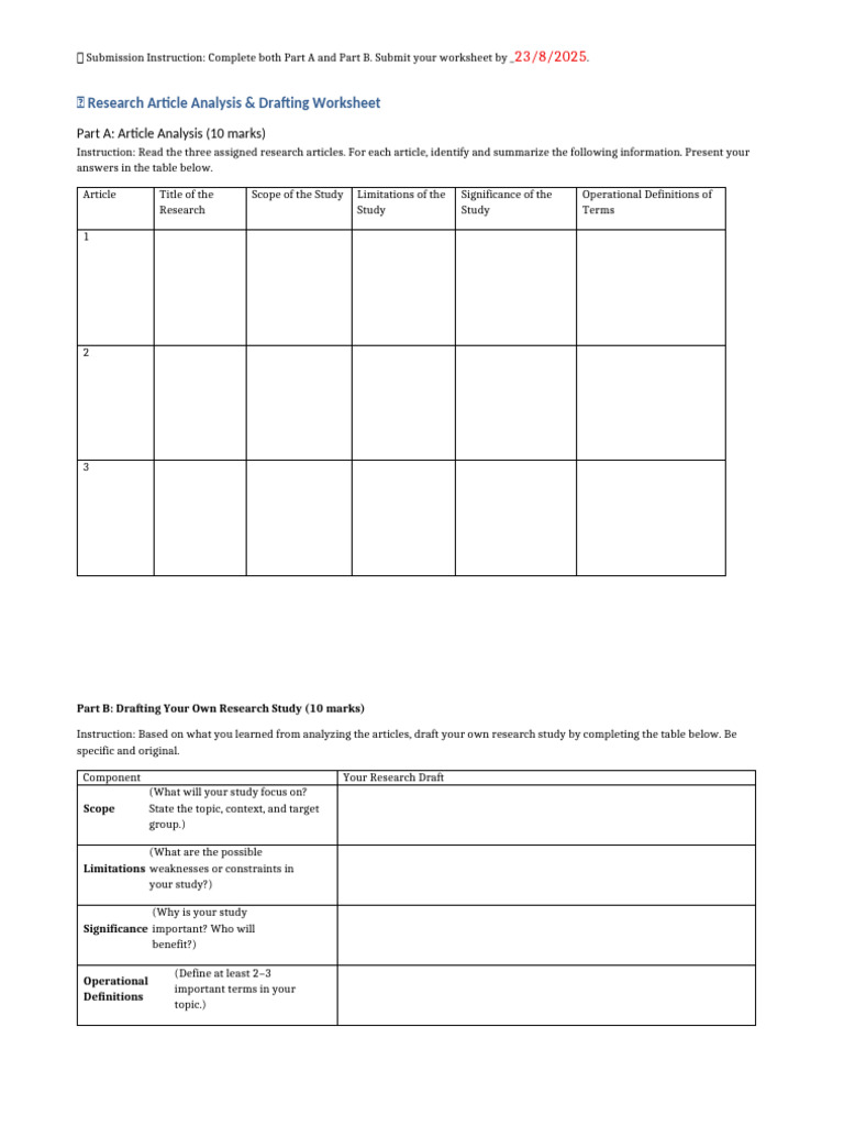 Research Article Analysis Worksheet (16.8.2025) | PDF | Scope (Computer ...