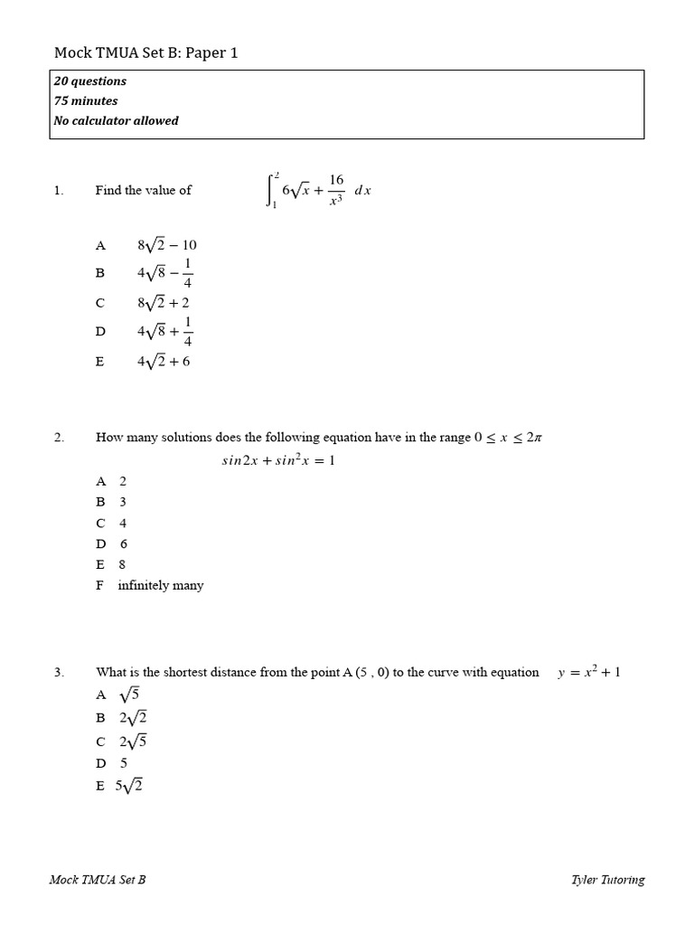 Mock TMUA Set B: Math Practice Questions | PDF | Polynomial | Equations