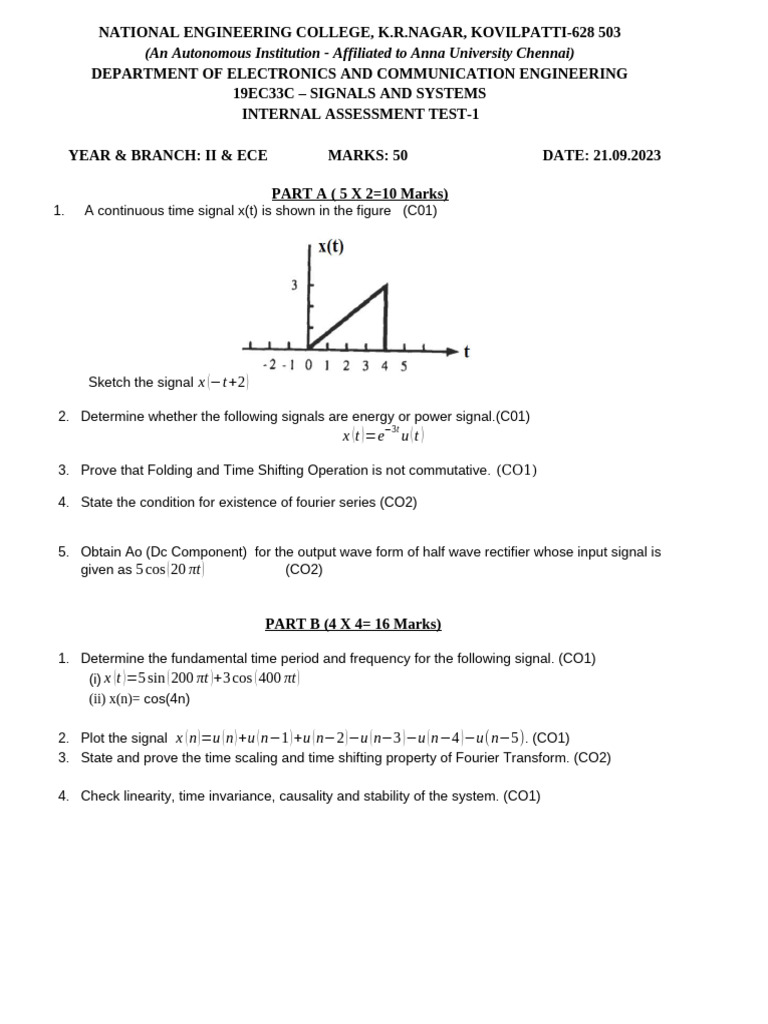Signals and Systems Assessment ECE 2nd Year | PDF