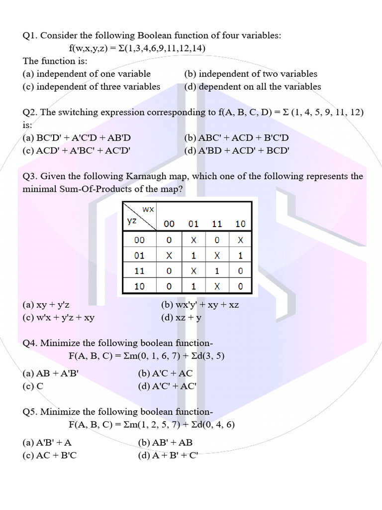 Questions on K Map and Combinational Circuits | PDF | Boolean Algebra ...