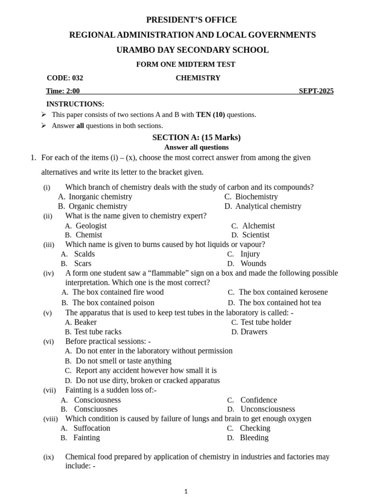 Form One Chemistry Midterm 2025 | PDF | Fires | Chemistry
