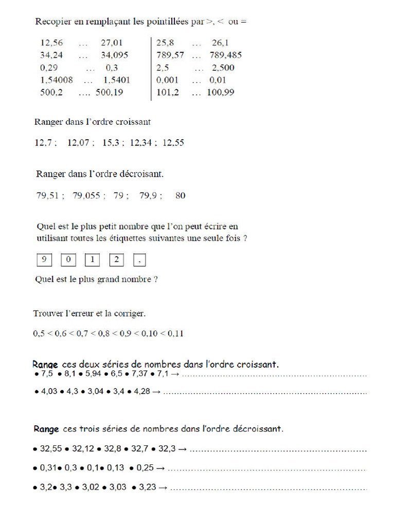 Exercices Comparer Et Ranger Des Nombres Décimaux | PDF