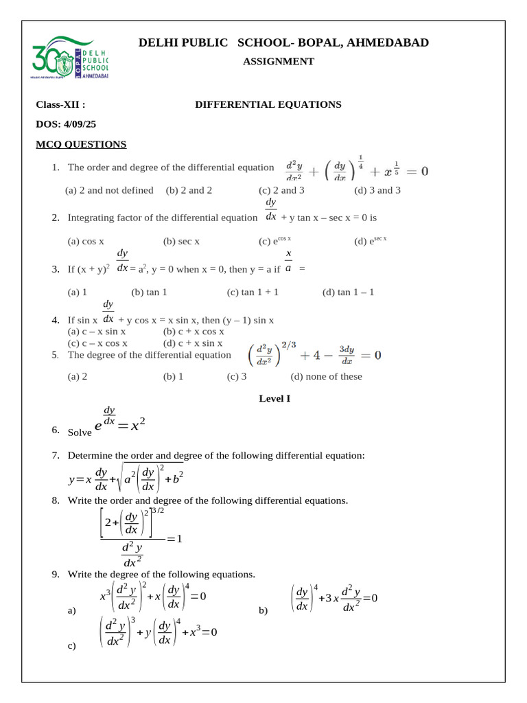 De Assignment - XII 2025-26 | PDF | Mathematical Objects | Equations