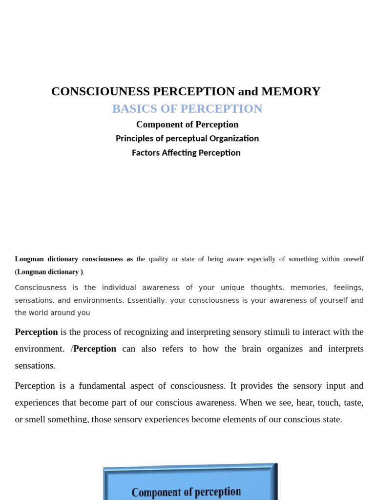 Consciouness, Perception Presentation | PDF | Perception | Awareness