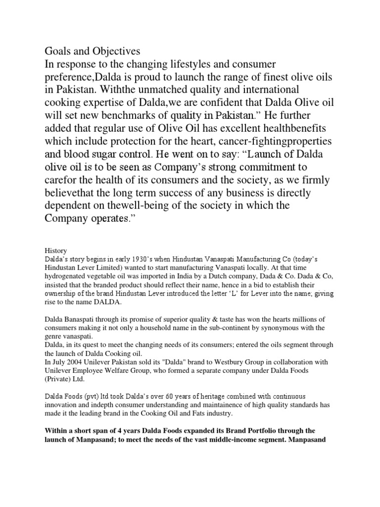 Goals and Objectives | PDF | Cooking Oil | Vegetable Oil