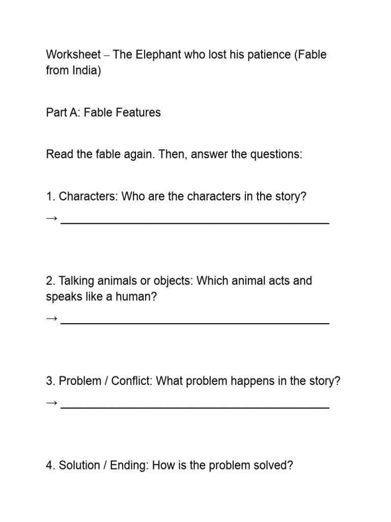 Fable Worksheet: The Patient Elephant | PDF