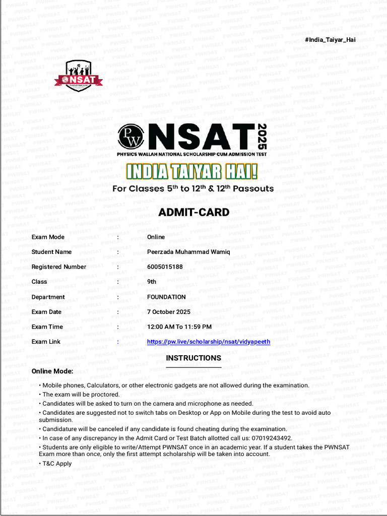 PWNSAT Admit Card Details | PDF