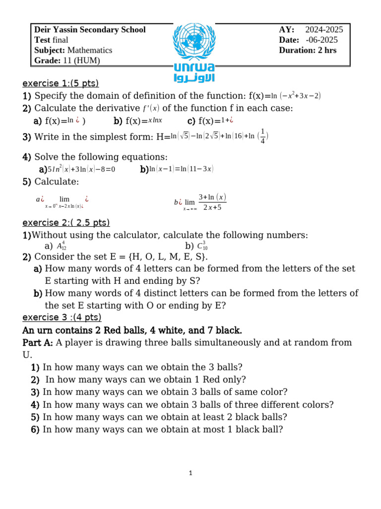 Grade 11 Mathematics HUM Final Exam 2024 2025 | PDF | Function ...