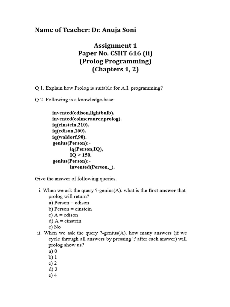Prolog Programming Assignment 1 | PDF | Mathematical Logic