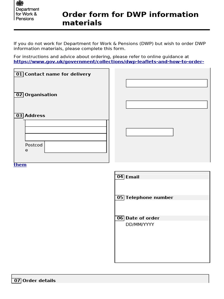External Order Form For DWP Information Materials | PDF | Social Policy ...
