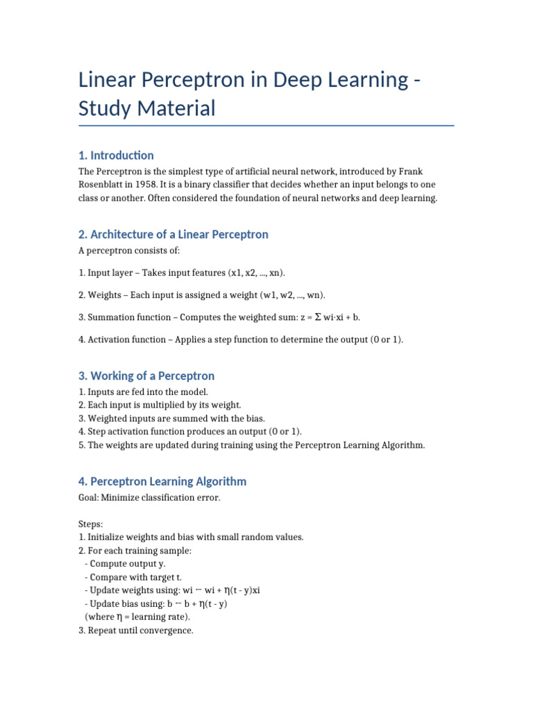 Linear Perceptron Study Material | PDF