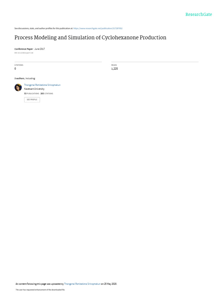 Process Modeling and Simulation of Cyclohexanone P | PDF | Chemistry | Chemical Process Engineering